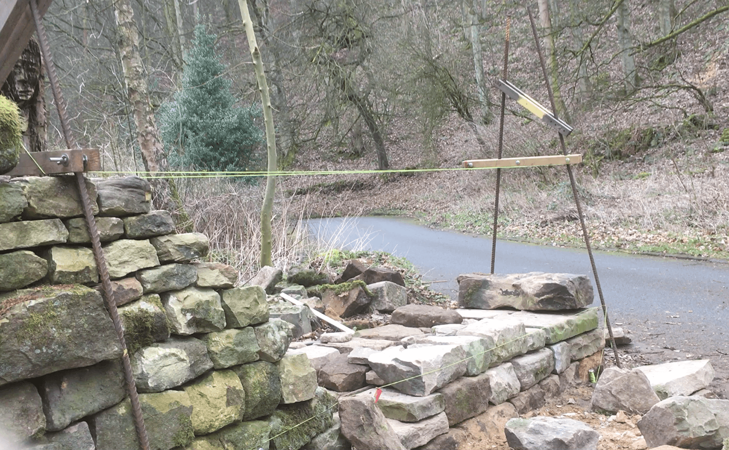 Chevin Forest Park | Dry stone walling ckeek end practice | Roots Crafts
