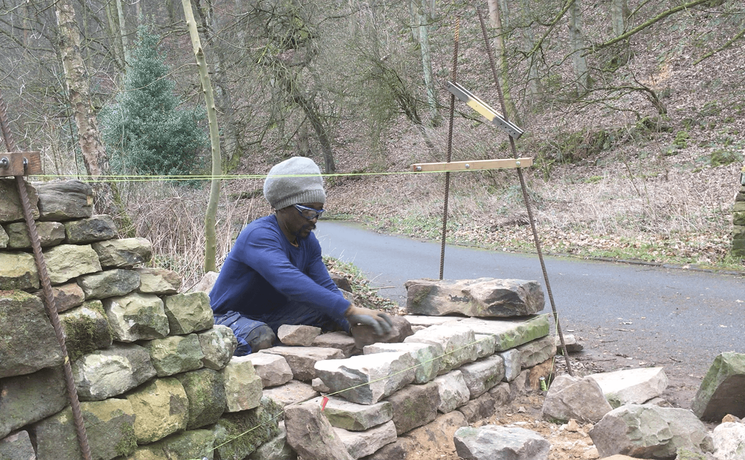 Chevin Forest Park | Dry stone walling ckeek end practice | Roots Crafts